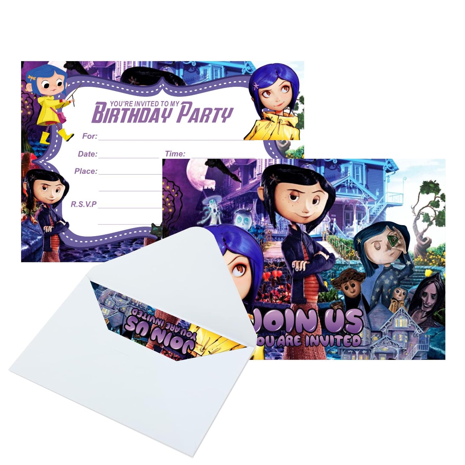 humicide 16 Pack Coraline Birthday Invitation Cards with Envelopes, Coraline Birthday Party Supplies for Kids Party Decorations