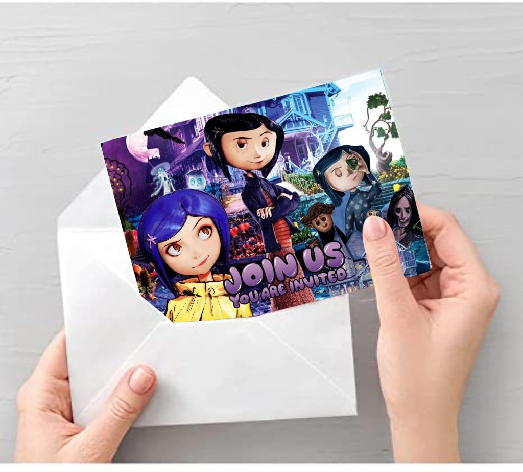 humicide 16 Pack Coraline Birthday Invitation Cards with Envelopes, Coraline Birthday Party Supplies for Kids Party Decorations