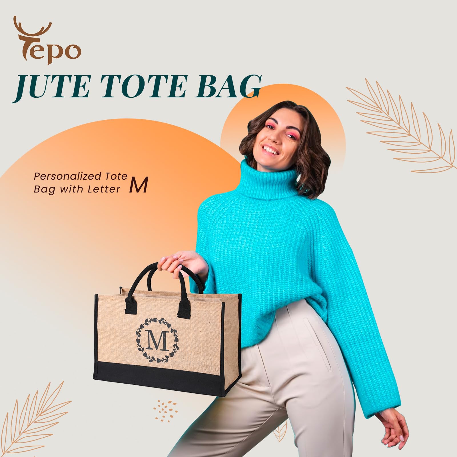 Personalized Tote Bags For Women | Initial Tote Bags | Highly Durable Jute Bags | Use As Shopping Bag, Beach Bag, Bridesmaid Bag | Bday Gift For Women | Mother Birthday Gifts | Letter M