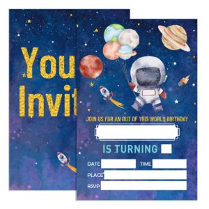 udnadkex birthday invitations for boy space with envelopes, invites for birthday party galaxy planets rocket ship, astronaut birthday party invite cards, out of this world, 4"x6" set of 20