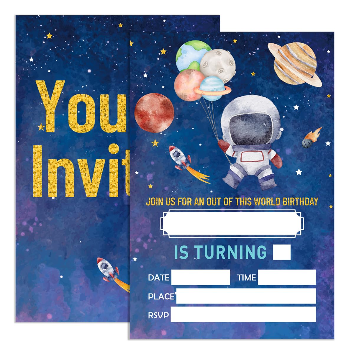 UDNADKEX Birthday Invitations for Boy Space with Envelopes, Invites for Birthday Party Galaxy Planets Rocket Ship, Astronaut Birthday Party Invite Cards, Out of This World, 4"x6" Set of 20