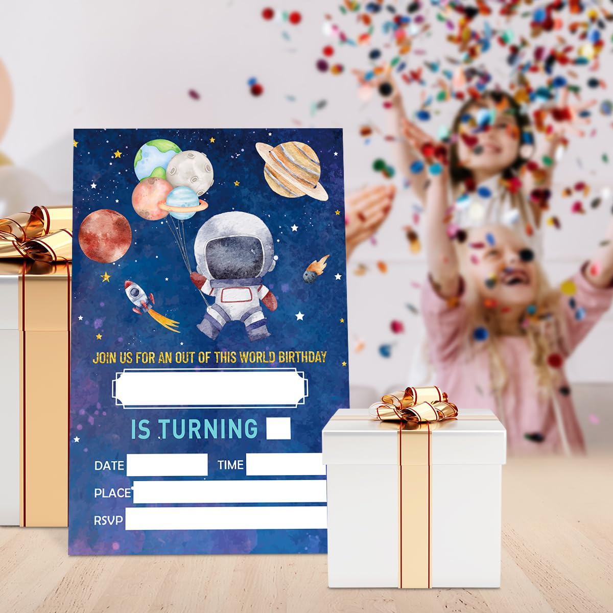 UDNADKEX Birthday Invitations for Boy Space with Envelopes, Invites for Birthday Party Galaxy Planets Rocket Ship, Astronaut Birthday Party Invite Cards, Out of This World, 4"x6" Set of 20