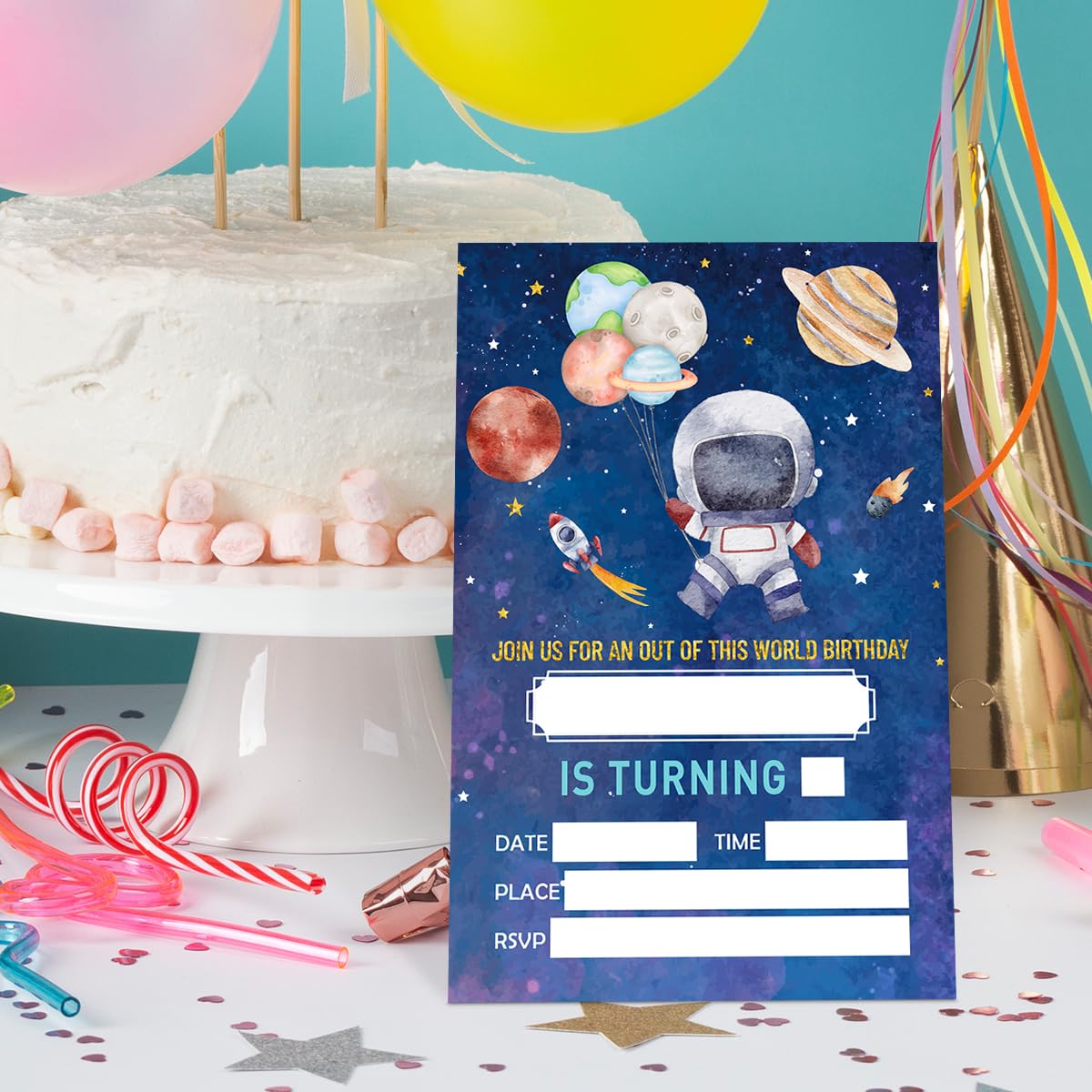 UDNADKEX Birthday Invitations for Boy Space with Envelopes, Invites for Birthday Party Galaxy Planets Rocket Ship, Astronaut Birthday Party Invite Cards, Out of This World, 4"x6" Set of 20