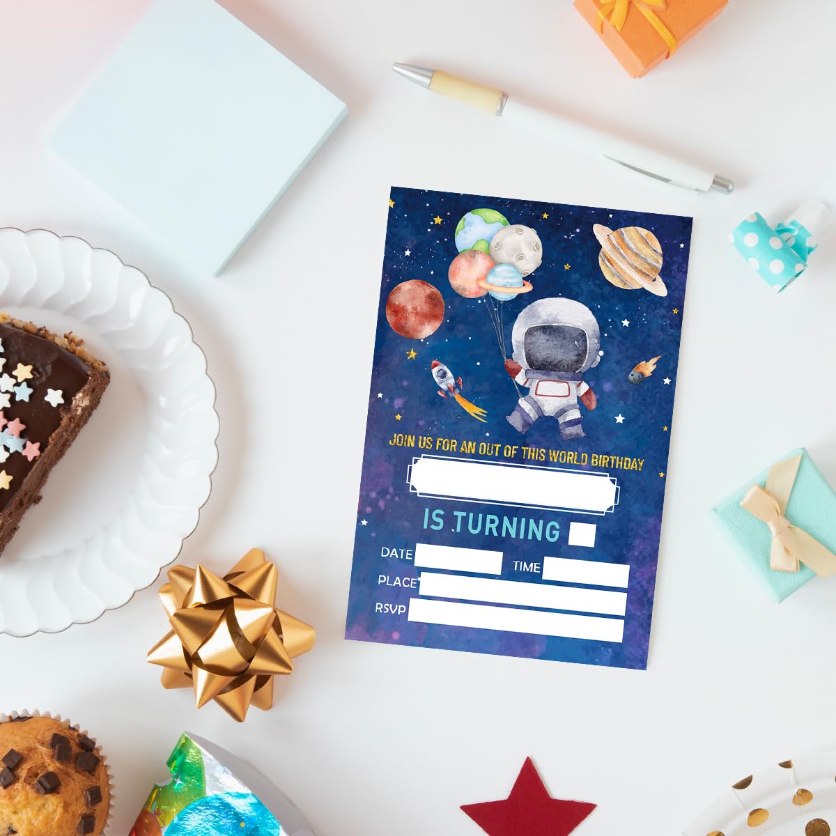 UDNADKEX Birthday Invitations for Boy Space with Envelopes, Invites for Birthday Party Galaxy Planets Rocket Ship, Astronaut Birthday Party Invite Cards, Out of This World, 4"x6" Set of 20