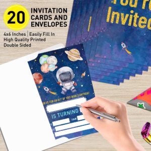 UDNADKEX Birthday Invitations for Boy Space with Envelopes, Invites for Birthday Party Galaxy Planets Rocket Ship, Astronaut Birthday Party Invite Cards, Out of This World, 4"x6" Set of 20