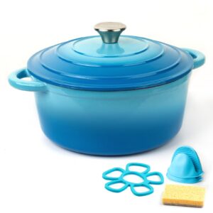 parmedu 5.5 quart enameled cast iron dutch oven pot heavy duty with lid and dual handles, silicone accessories included, ideal for braising, stewing, roasting and baking, blue