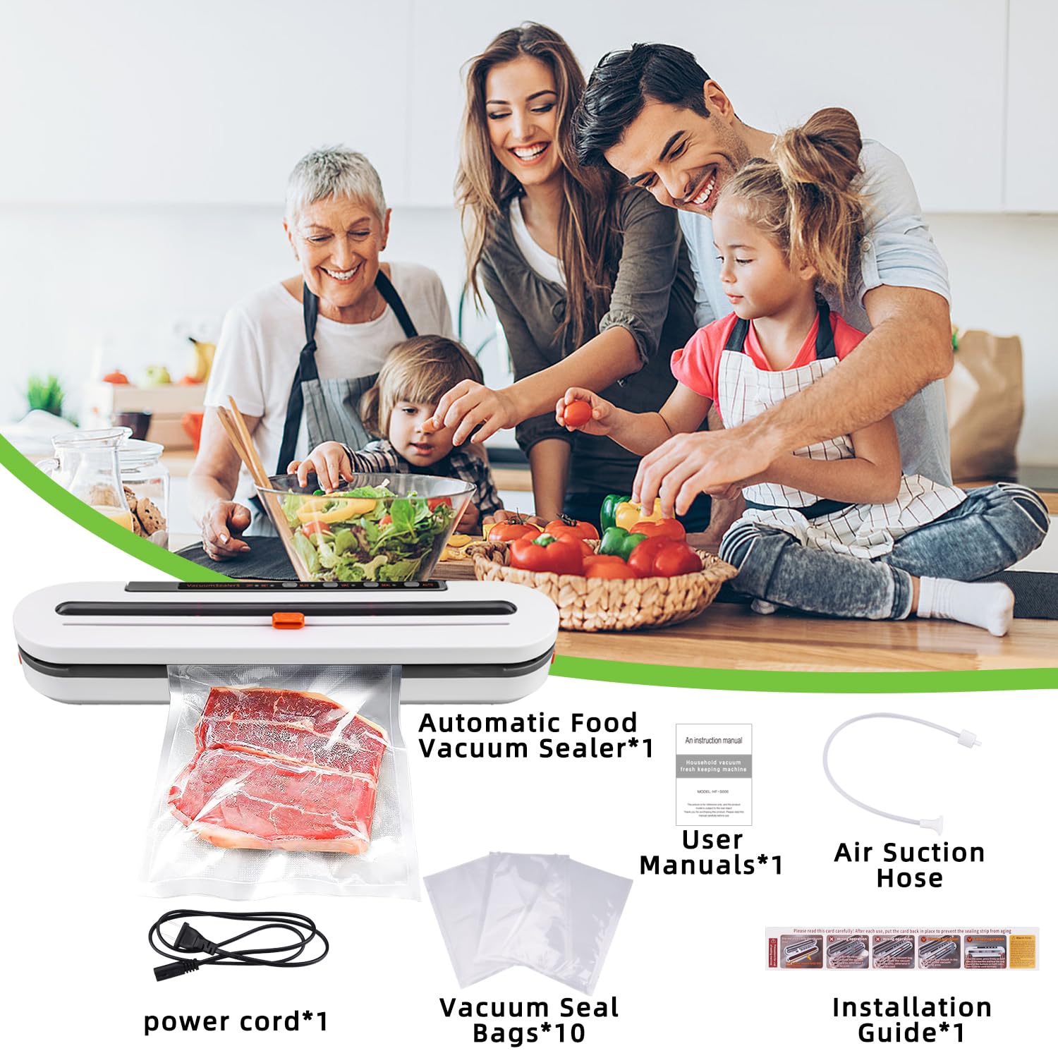 Vacuum Sealer Machine, Food Vacuum Sealer Automatic with 10 PCS Vacuum Seal Bags,5 in 1 Easy Dry/Moist Vacuum Sealer Machine Options for Sous Vide and Food Storage