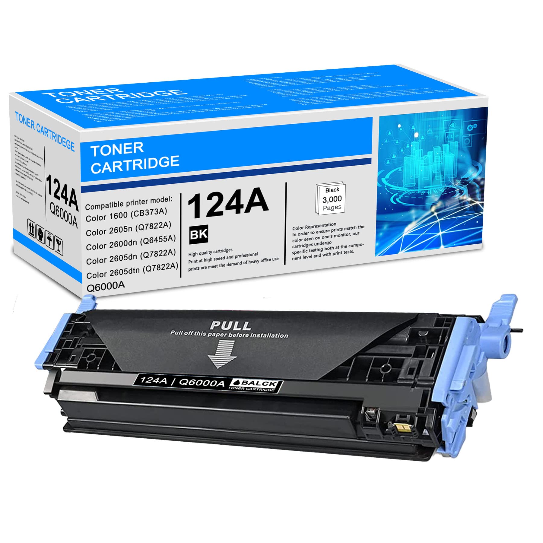 1 Pack 124A Q6000A Black Toner Cartridge Compatible Q6000A Replacement for HP 124A Q6000A for HP Color 1600 2600n 2605dn 2605dtn MFP CM1015mfp CM1017mfp Printer