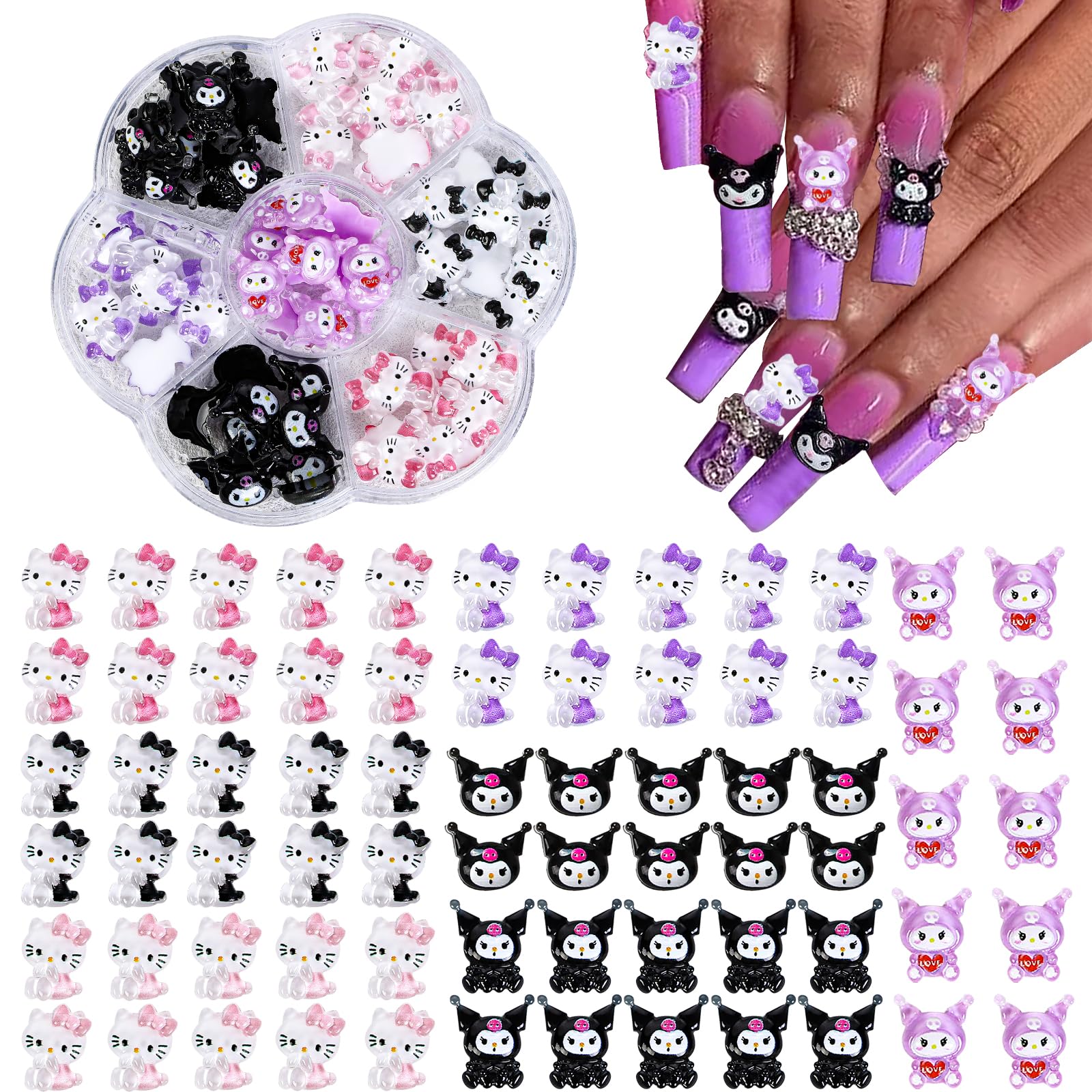 CLTJMM 70 PCS Nail Charms,Kawaii Nail Charms Hello Kitty Nail Charms 3D Slime Charms Nail Art Charms Cute Cartoon Flat Back Resin Charms for Nail Art Decoration Supplies