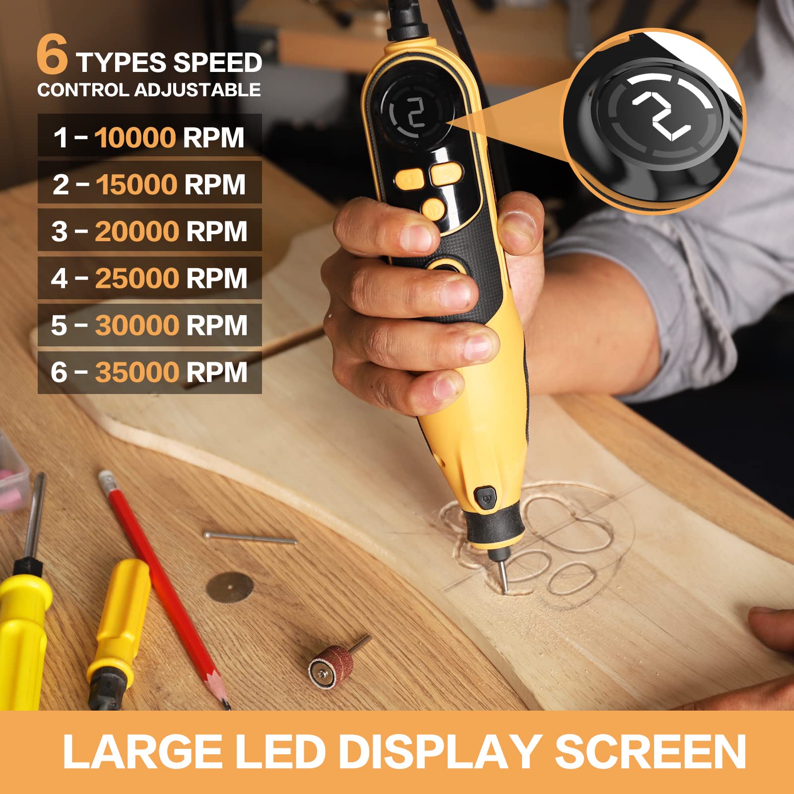 Rotary Tool, Handstar Rotary Tool Kit, 6 Variable Speed Electric Drill Set, Large LED Screen Display, 10000-35000 RPM with Flex Shaft and Carrying Case, for Grinding Carving Polishing etc