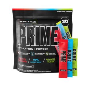 prime hydration+ sticks variety pack | hydration powder single serve sticks | electrolyte powder on the go | low sugar | caffeine-free | vegan | 20 sticks