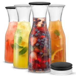 joyjolt glass carafe with lids. 4 glass carafes for mimosa bar 36 oz capacity. 8 lids! brunch decorations, bedside water carafe, orange juice container, catering drink carafes & pitchers for parties