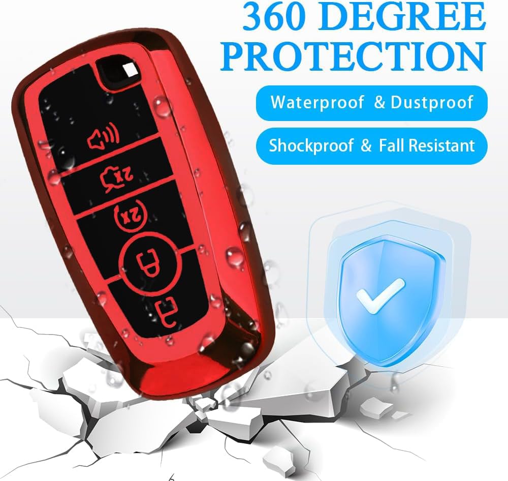 MILD EAST for Ford Key Fob Cover with Keychain, Car Key Case Shell Soft TPU 5 Button, (2017-2024) for Ford Explorer Fusion Escape Edge Expedition Mustang Bronco F150 F250 F350 Lincoln, Red