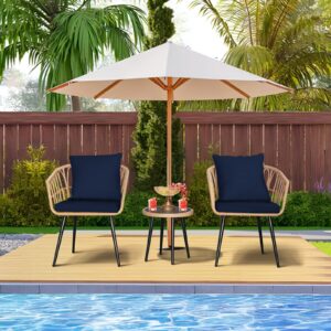 SoarFlash 3 Pieces Outdoor Wicker Bistro Set Rattan Conversation Set with Coffee Table, Patio Chair Set for Lawn, Garden,Backyard, Deep Blue