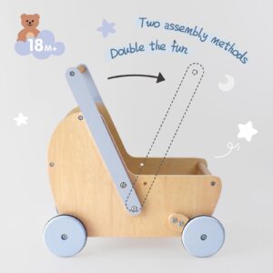 Pillowhale Wooden Baby Doll Pram Stroller,Wooden Baby Walker Push and Pull Doll Stroller,Baby Wooden Toy Stroller for Toddler Boys Girls 18 Months and Up