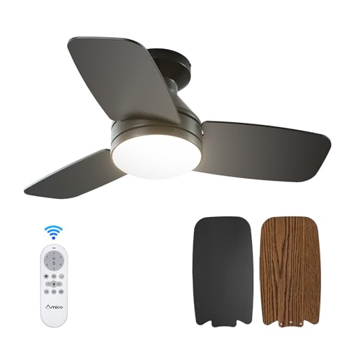 Amico Ceiling Fans with Lights, 30 inch Low Profile Ceiling fan with Light and Remote Control, Flush Mount, Reversible, 3CCT, Dimmable, Noiseless, Black Ceiling Fan for Bedroom, Indoor/Outdoor Use