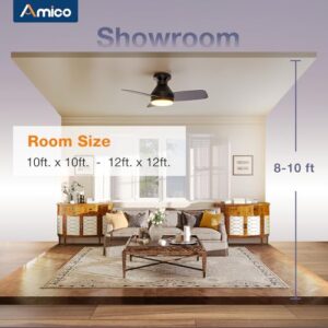 Amico Ceiling Fans with Lights, 30 inch Low Profile Ceiling fan with Light and Remote Control, Flush Mount, Reversible, 3CCT, Dimmable, Noiseless, Black Ceiling Fan for Bedroom, Indoor/Outdoor Use