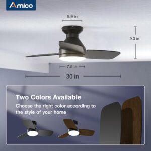 Amico Ceiling Fans with Lights, 30 inch Low Profile Ceiling fan with Light and Remote Control, Flush Mount, Reversible, 3CCT, Dimmable, Noiseless, Black Ceiling Fan for Bedroom, Indoor/Outdoor Use