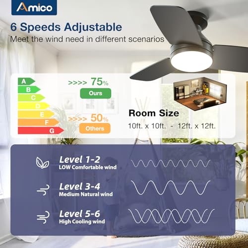 Amico Ceiling Fans with Lights, 30 inch Low Profile Ceiling fan with Light and Remote Control, Flush Mount, Reversible, 3CCT, Dimmable, Noiseless, Black Ceiling Fan for Bedroom, Indoor/Outdoor Use