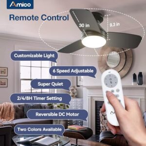 Amico Ceiling Fans with Lights, 30 inch Low Profile Ceiling fan with Light and Remote Control, Flush Mount, Reversible, 3CCT, Dimmable, Noiseless, Black Ceiling Fan for Bedroom, Indoor/Outdoor Use