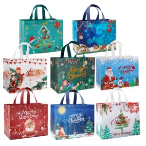 yangte 8 pack christmas gift bags with handles, large non-woven tote bags for wrapping xmas party favors, 12.8"x9.8"x6.7