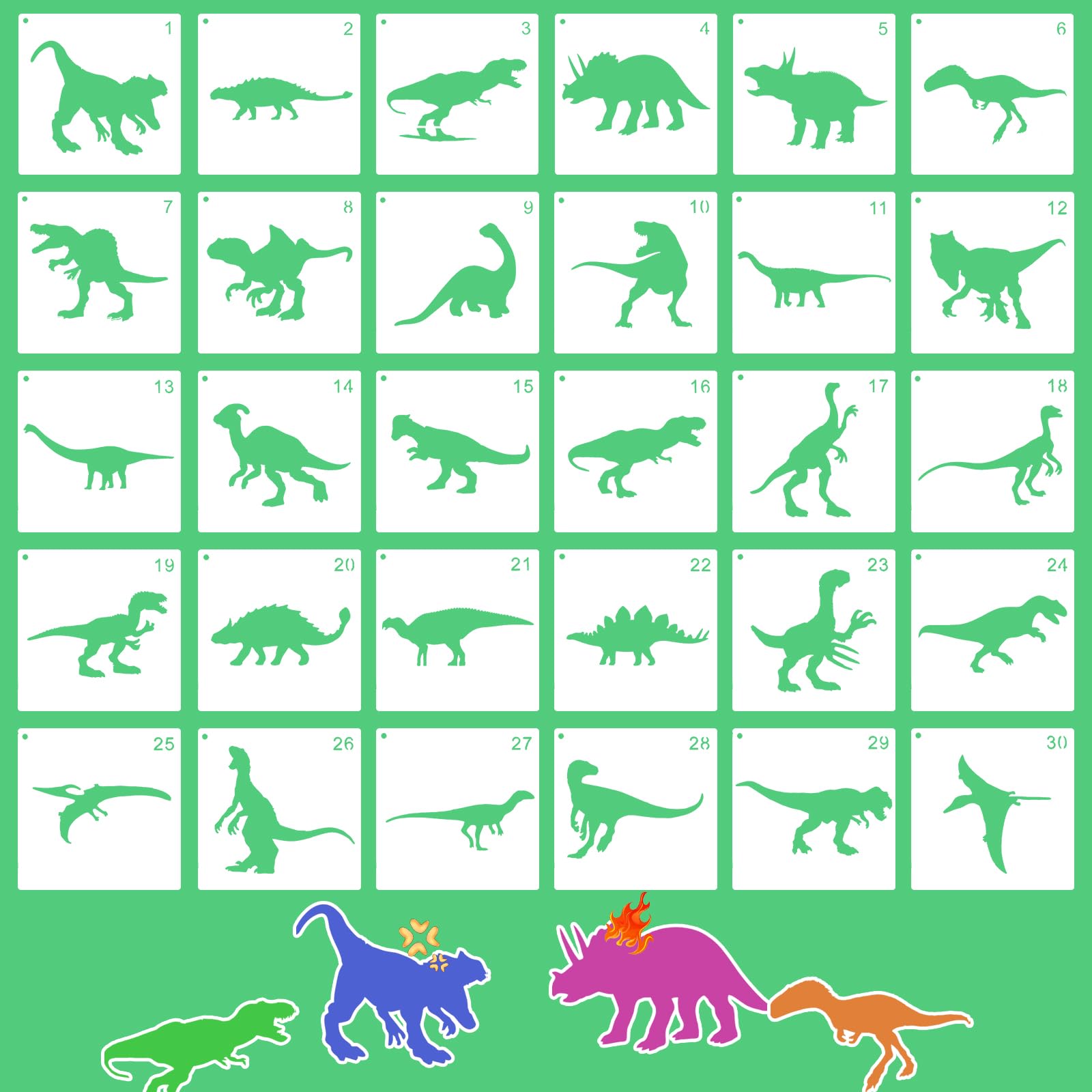 Kyteazr Stencils 30 Pcs 6x6 inch, Reusable & Washable Dinosaurs Stencils for Painting, DIY Crafts, Wall Art and Playtime