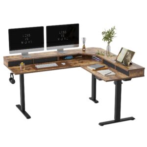 fezibo 63" l shaped standing desk with 4 drawers, electric standing gaming desk adjustable height, corner stand up desk with splice board, black frame/rustic brown top