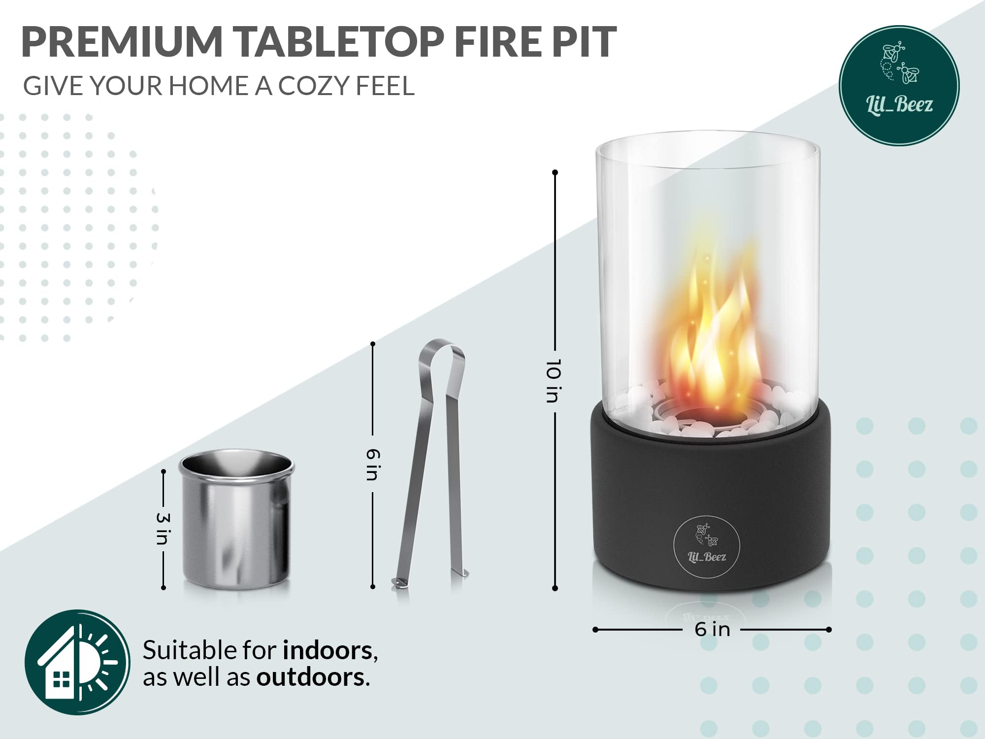 LIL_BEEZ Tabletop Fire Pit - Stainless Steel Portable Fire Pit - Crack-Resistant Small Indoor Table Firepit - Mini Fireplace with Borosilicate Glass