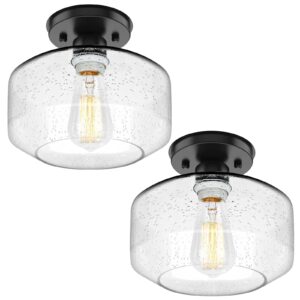 tobusa 2-pack industrial semi flush mount ceiling light, black light fixture ceiling mount with seeded glass shade, farmhouse hallway light fixtures ceiling for living room, bedroom, no e26 bulbs