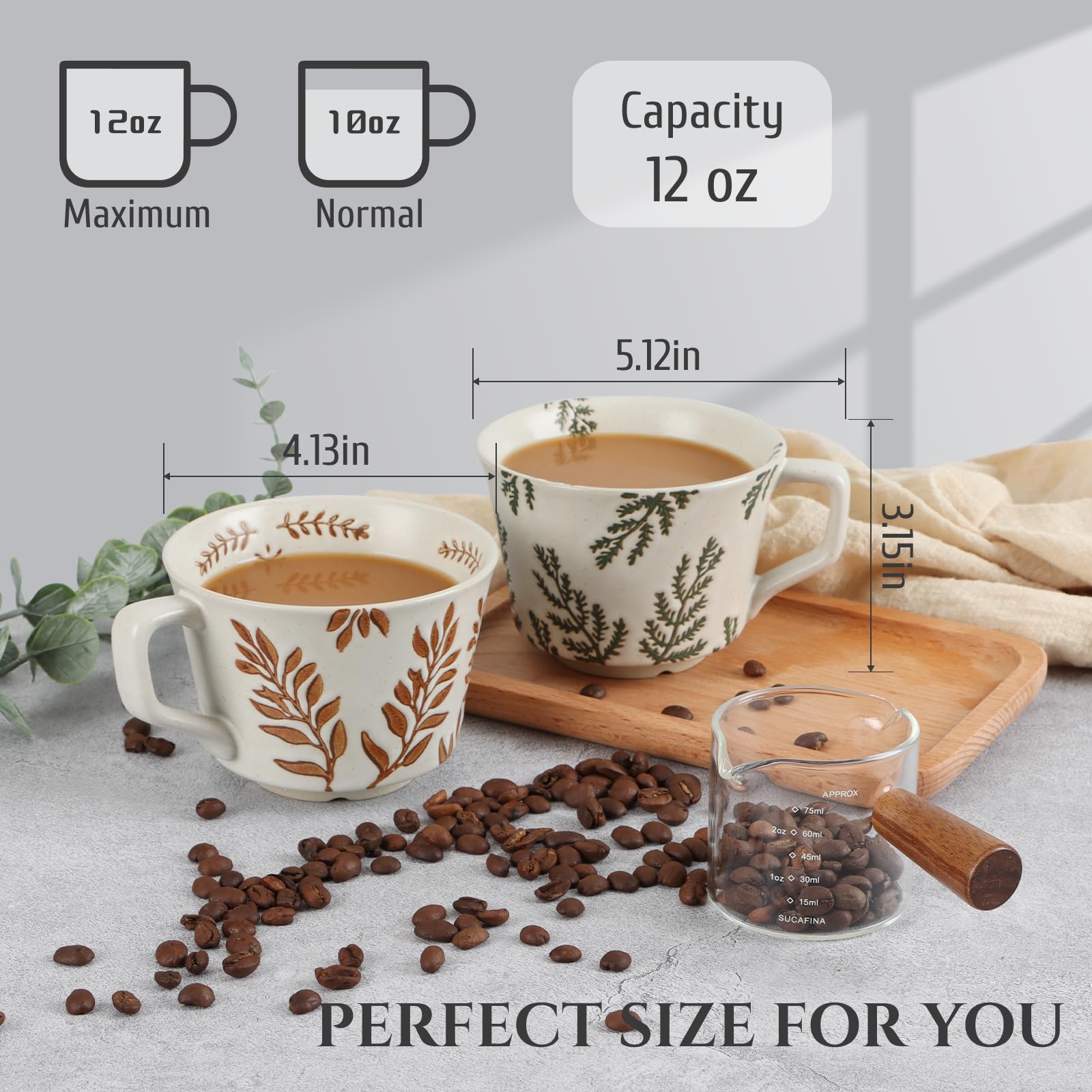 LINVIA Ceramic Coffee Mug Set of 2, 12 oz Novelty Unique Tea Cups with Big Handle, Couple Mugs for Mocha Latte Cappuccino Espresso, Best Gifts for Women and Men, Butterfly and Grass