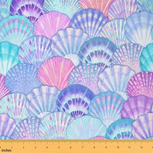 watercolor shells print fabric by the yard dreamy fish scale coastal sea creature diy craft hobby fabric by the yard blue purple ombre spiral pattern fabric for upholstery and home accents,1 yard