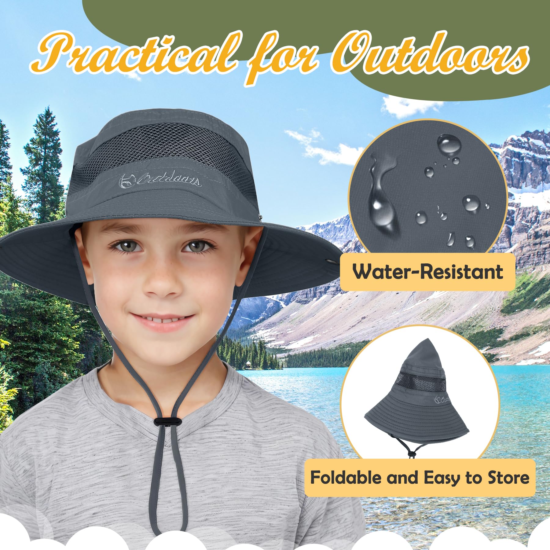 Zando Boys Sun Hat Outdoor Breathable Kids Bucket Hat Boys Girls UPF 50+ Sun Protective Hats for Kids Wide Brim Safari Hat Summer Fishing Camping Hiking Hat Boys Beach Cap Dark Grey 5-13 Years