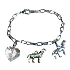 bella bracelet - twilight themed graduation gift made of silver chain with clear heart crystal bead and wolf charm (silver wolf)