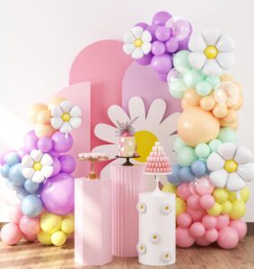 house of party groovy daisy flower balloons - 114 pcs pastel rainbow balloon arch garland kit - clear bubble & bobo balloons - perfect for birthday, baby showers, weddings & party decoration!