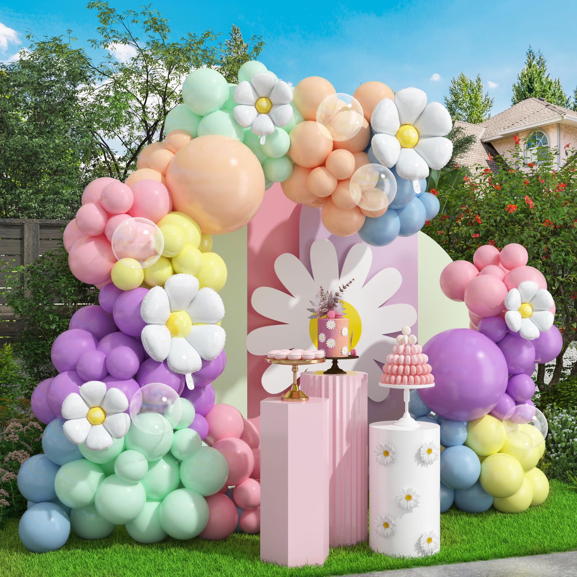 HOUSE OF PARTY Groovy Daisy Flower Balloons - 114 Pcs Pastel Rainbow Balloon Arch Garland Kit - Clear Bubble & Bobo Balloons - Perfect for Birthday, Baby Showers, Weddings & Party Decoration!