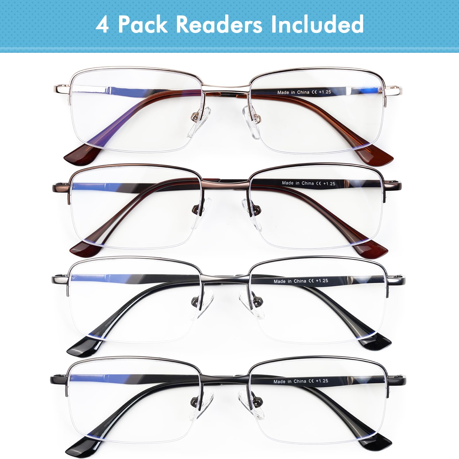 FelixAim 4 Pack Blue Light Blocking Reading Glasses for Men 2.0 Half Rim Metal Readers with Spring Hinge Computer Eyeglasses