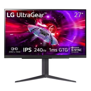 lg 27" ultragear qhd (2560x1440) gaming monitor, 240hz, 1ms, vesa displayhdr 400, g-sync and amd freesync premium, hdmi 2.1, displayport, 4-pole hp out dts hp:x, tilt/height/pivot stand, black