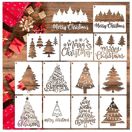 12 Pcs Christmas Tree Stencils for Painting, Reusable Holiday Pine Tree stencil Merry Christmas Stencils for Card Making Wood Sign DIY Crafts (12pcs tree 6x5inch)