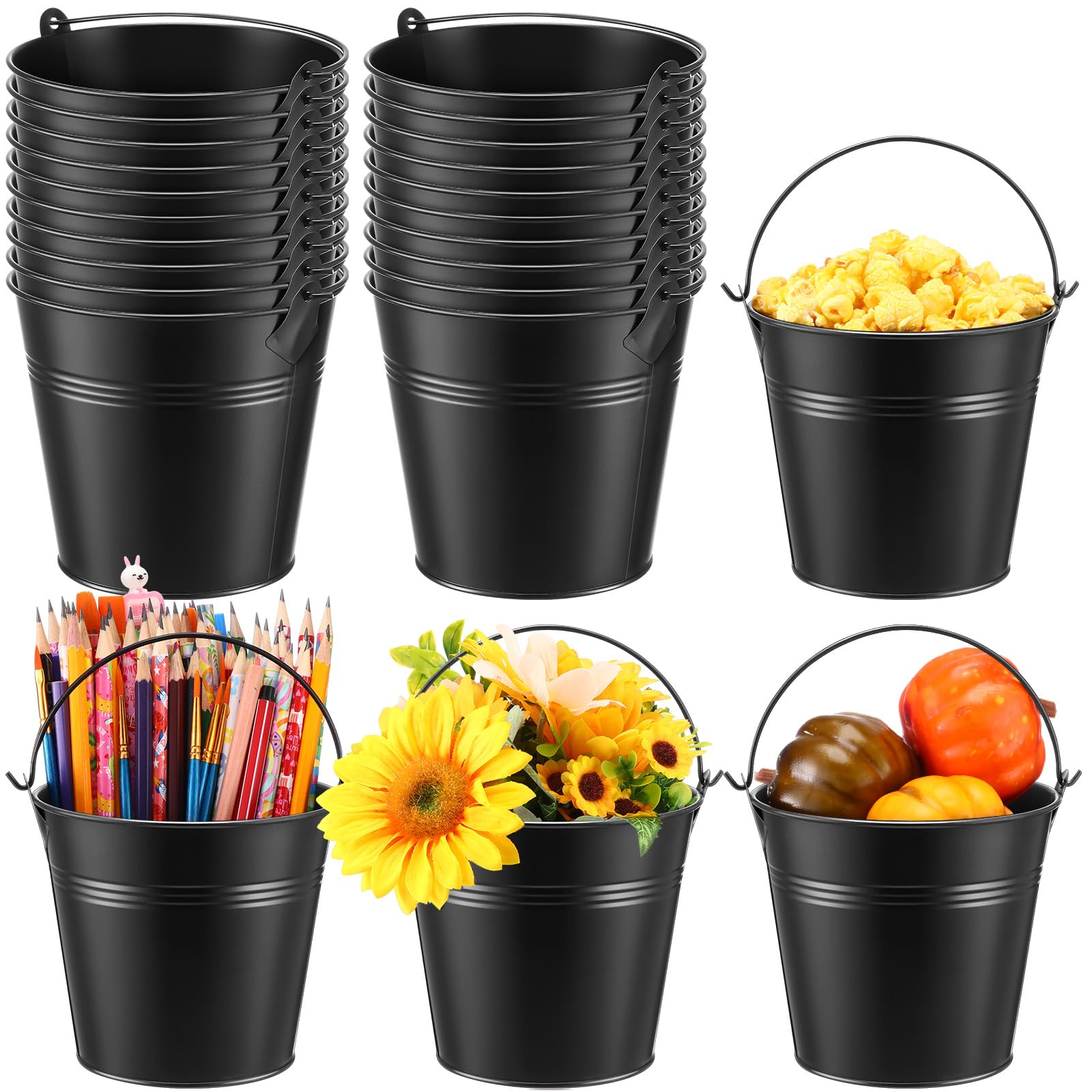 24 Pcs Metal Bucket 5 x 3.5 x 4.7 Inch Mini Party Buckets for Flower Pot Plant Basket Iron Small Metallic Pails with Handle for Toy Container Candy Snack Crafts Vase Party Favors (Black)