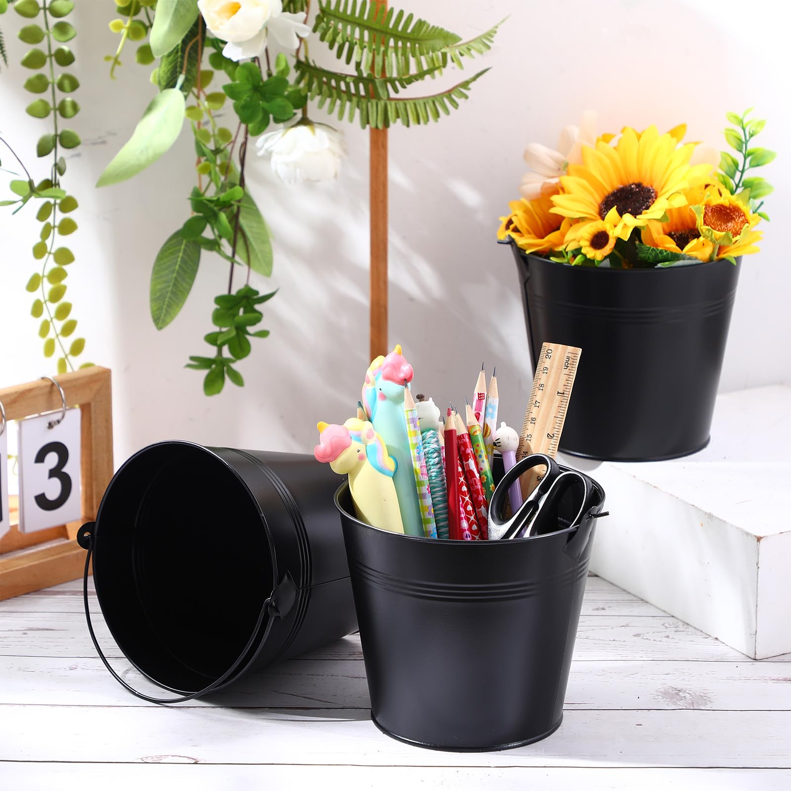 24 Pcs Metal Bucket 5 x 3.5 x 4.7 Inch Mini Party Buckets for Flower Pot Plant Basket Iron Small Metallic Pails with Handle for Toy Container Candy Snack Crafts Vase Party Favors (Black)