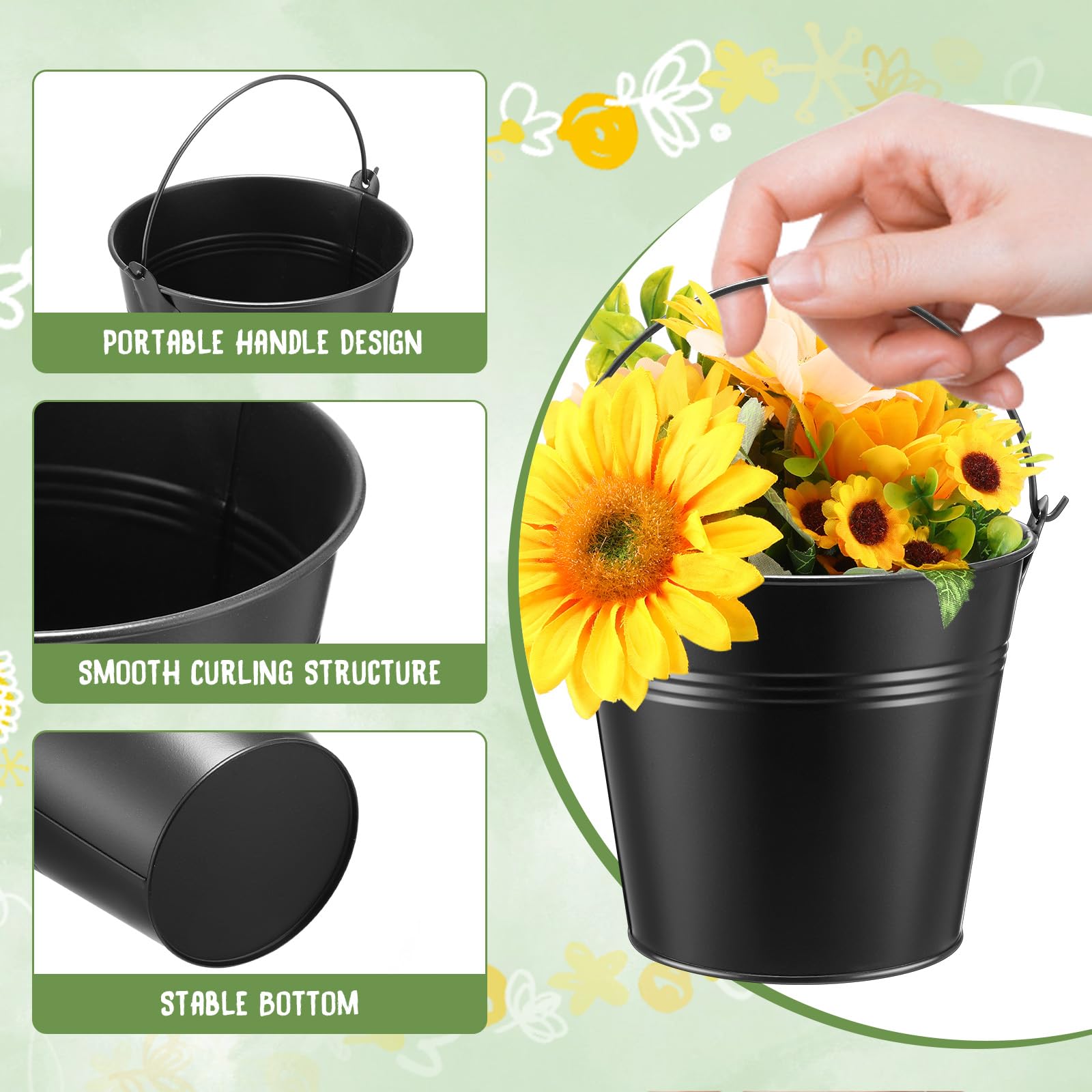 24 Pcs Metal Bucket 5 x 3.5 x 4.7 Inch Mini Party Buckets for Flower Pot Plant Basket Iron Small Metallic Pails with Handle for Toy Container Candy Snack Crafts Vase Party Favors (Black)