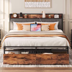 likimio queen bed frame, storage headboard with charging station, platform bed with drawers, no box spring needed, easy assembly, vintage brown and gray