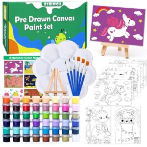 ryriwou pre drawn canvas set 8 packs pre-printed canvas acrylic oil painting kit for kids ages 8-12 9-12 5x7 inch canvas with 48 paints 6 brushes 2 easels for party favor school projects