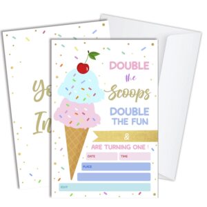 ice cream birthday party invitations, double the scoops double the fun twin babies 1st birthday party invitation, summer ice cream theme, birthday party supplies, 20 invitations with envelopes - jy691