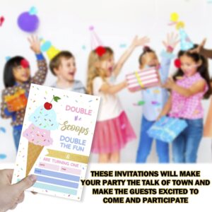 Ice Cream Birthday Party Invitations, Double the Scoops Double the Fun Twin Babies 1st Birthday Party Invitation, Summer Ice Cream Theme, Birthday Party Supplies, 20 Invitations with Envelopes - JY691