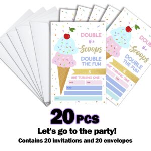 Ice Cream Birthday Party Invitations, Double the Scoops Double the Fun Twin Babies 1st Birthday Party Invitation, Summer Ice Cream Theme, Birthday Party Supplies, 20 Invitations with Envelopes - JY691