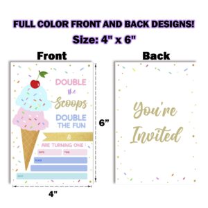 Ice Cream Birthday Party Invitations, Double the Scoops Double the Fun Twin Babies 1st Birthday Party Invitation, Summer Ice Cream Theme, Birthday Party Supplies, 20 Invitations with Envelopes - JY691