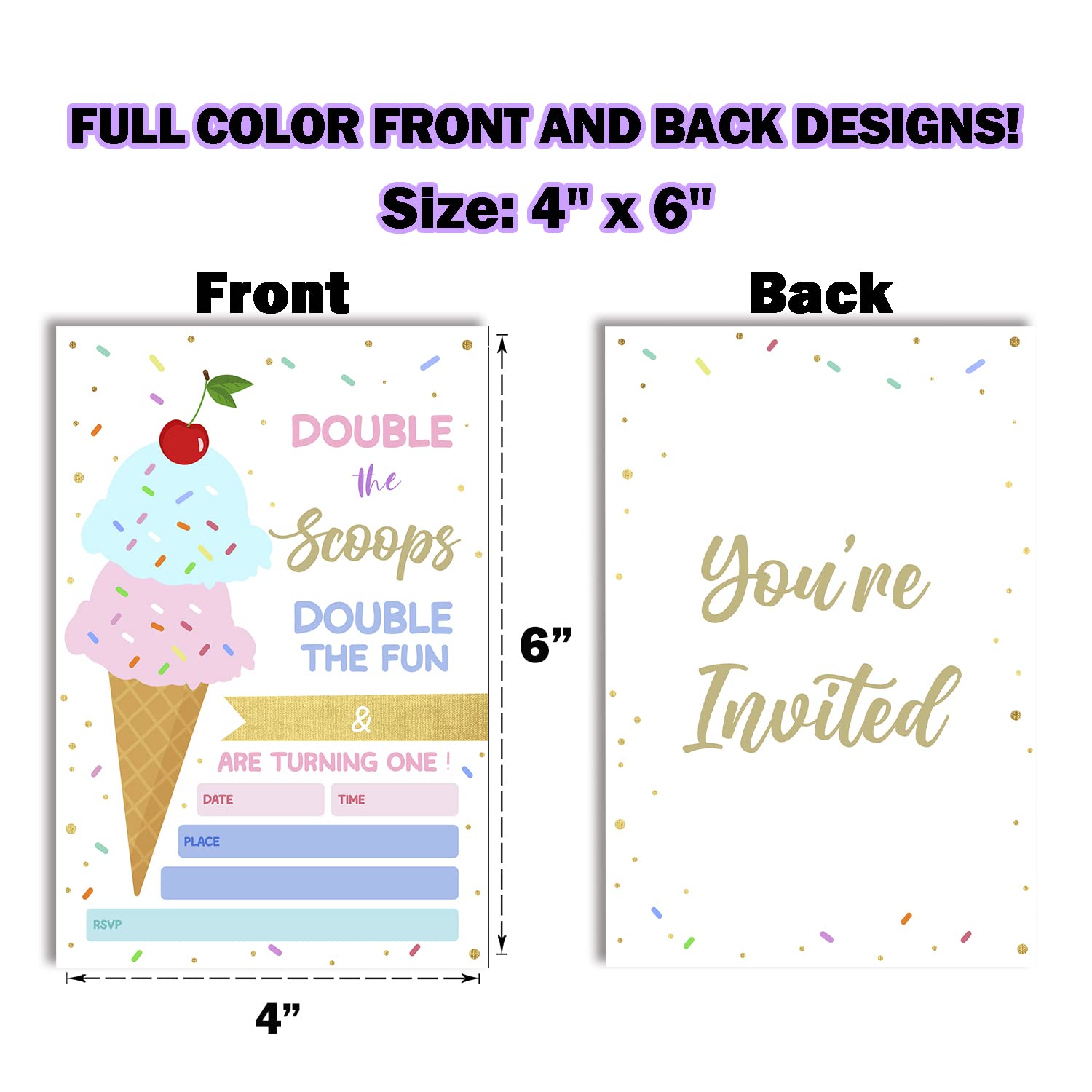 Ice Cream Birthday Party Invitations, Double the Scoops Double the Fun Twin Babies 1st Birthday Party Invitation, Summer Ice Cream Theme, Birthday Party Supplies, 20 Invitations with Envelopes - JY691