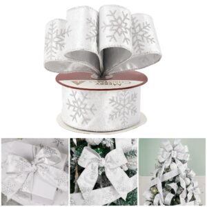 aimudi white christmas velvet ribbon wired 2.5 inch silver glitter snowflake wired ribbon for wreaths white ribbon for christmas tree, gift wrapping, garland, holiday crafts, topper bows - 10 yards