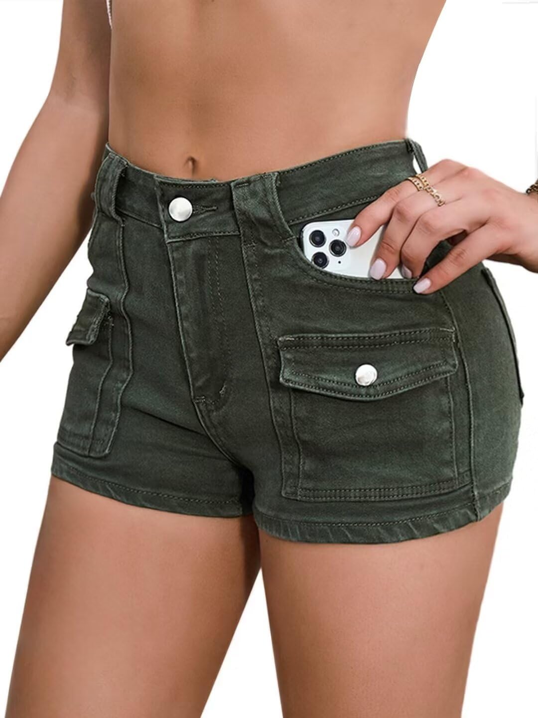 Aotasely Women's Casual Junior Denim Shorts Stretchy Mid Rise Jean Shorts with Pockets Party ClubNight Army Green XL